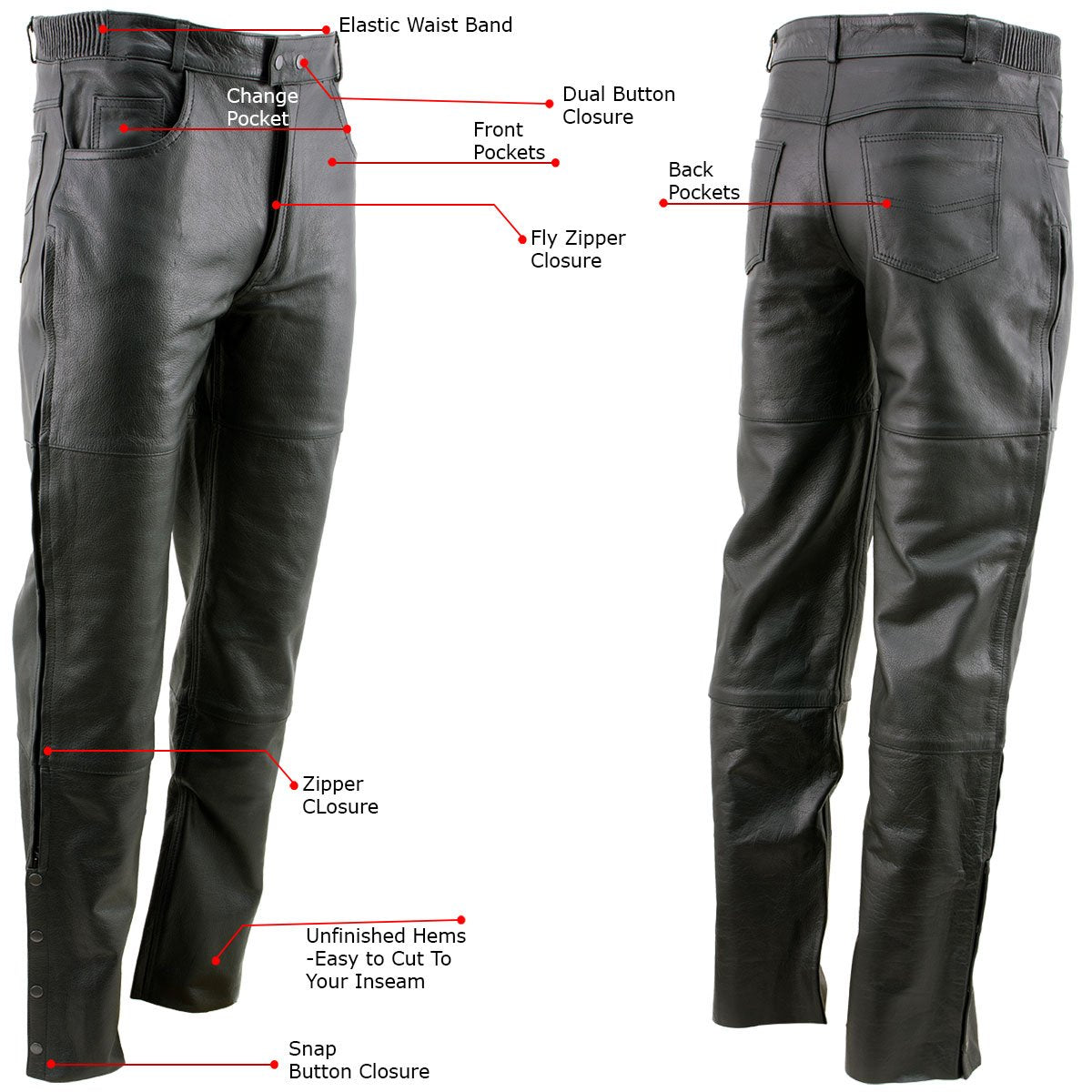Xelement B7470 Men's Black Premium Leather Motorcycle Overpants with ...